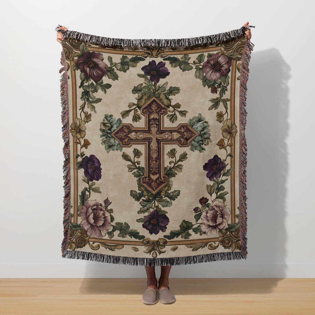 Christian Blanket Cross Woven Throw Floral Cross Blanket Religious ...