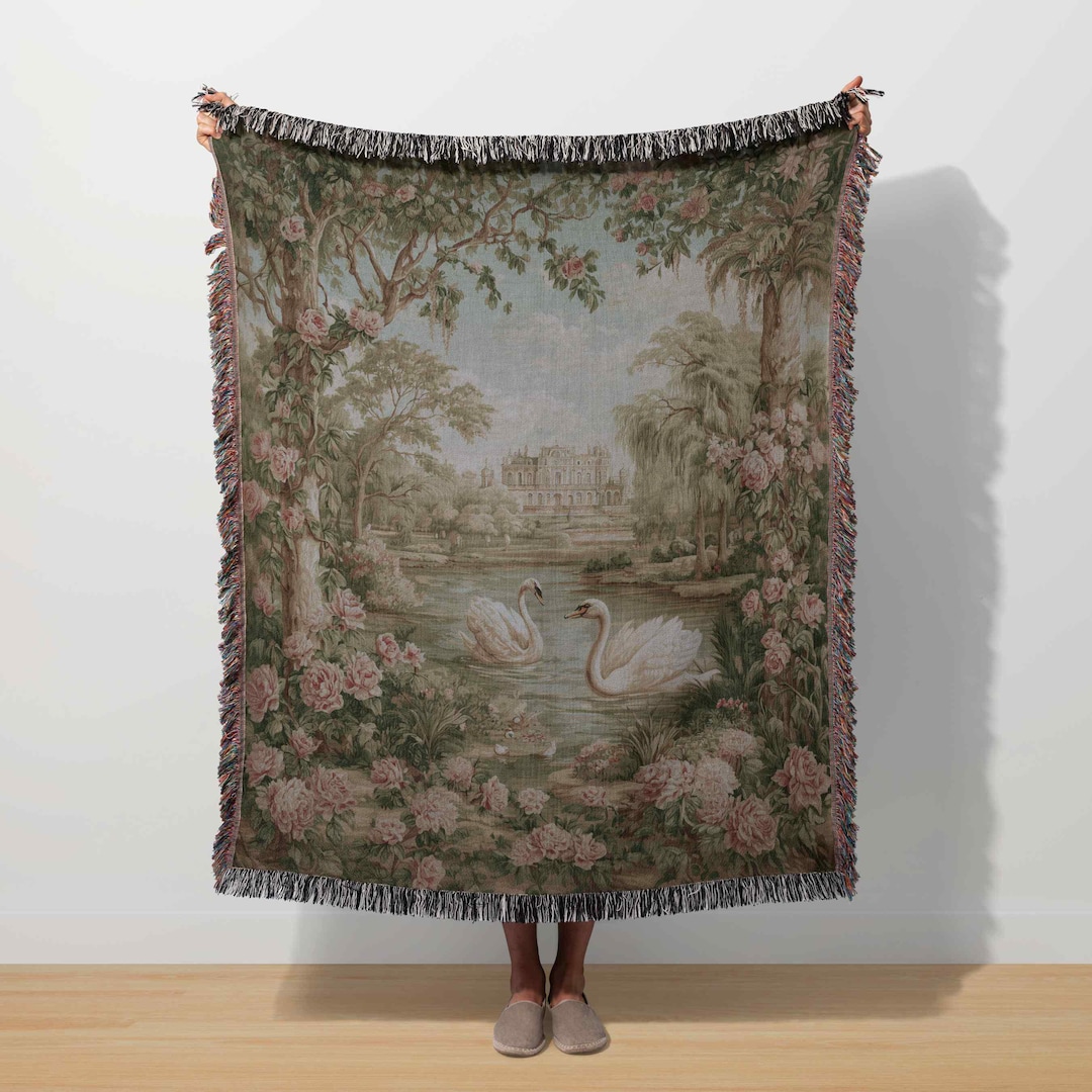 European Tapestry Swan Woven Blanket Romantic Lake English Country ...