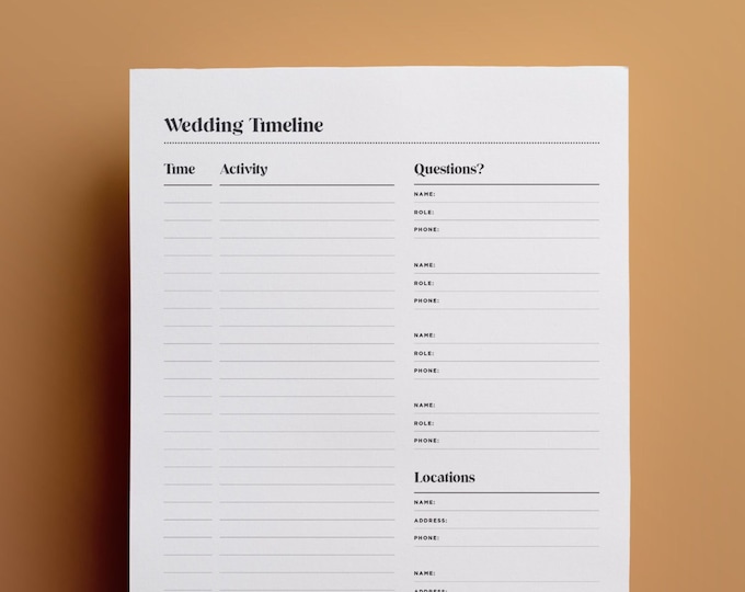 Wedding Timeline Printable | Digitally Editable | US Letter | Instant ...