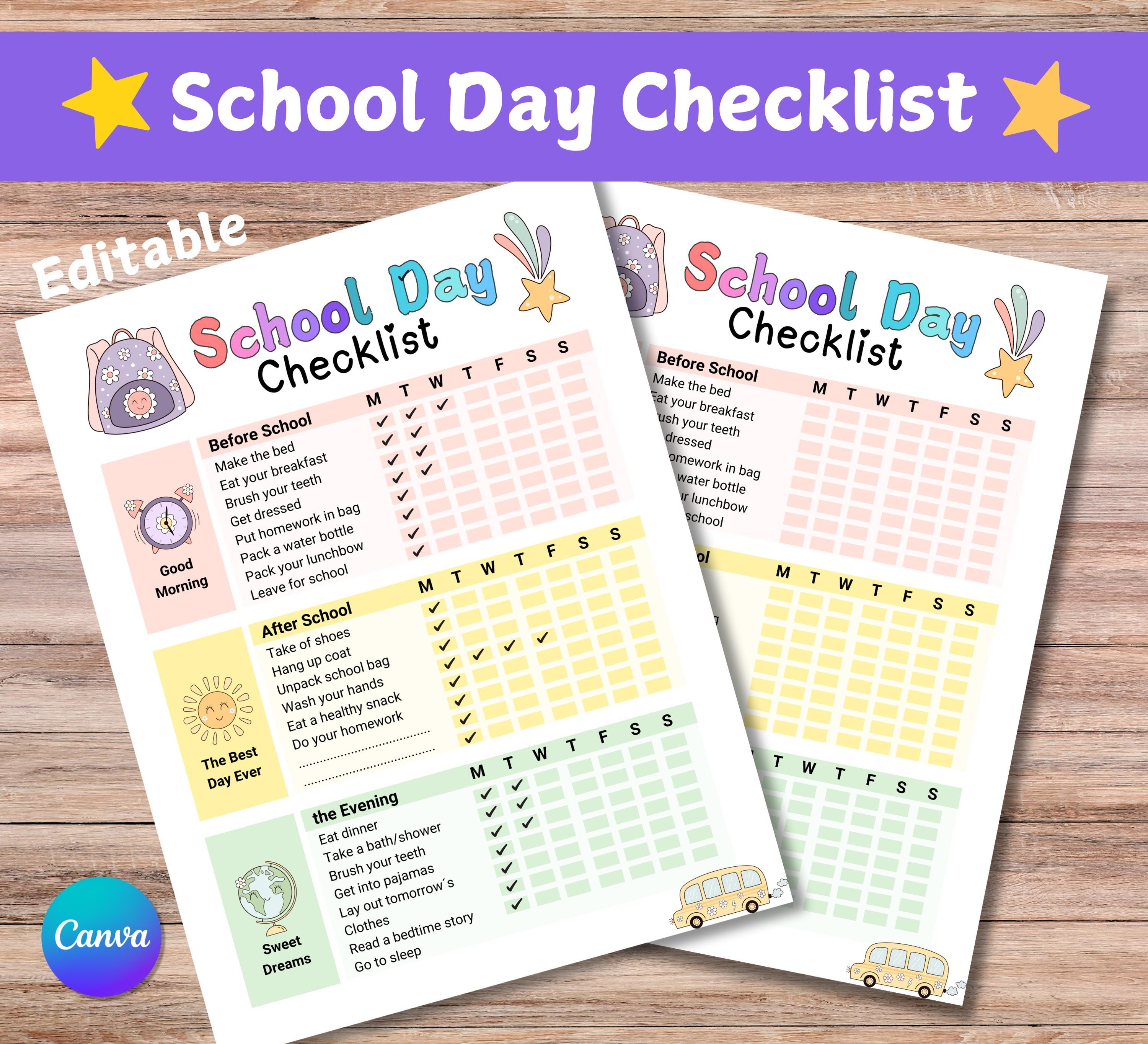 School Day Checklist, Kids School Day Checklist, Daily School Checklist ...