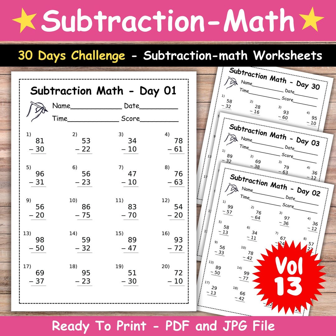 Subtraction Math Worksheets for Kids 30-day Math Fact Fluency Practice ...