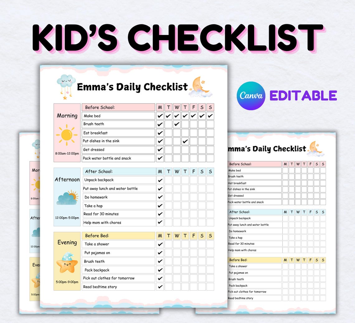 Kids Daily Checklist, Kids Daily Planner, Kids Daily School Checklist ...