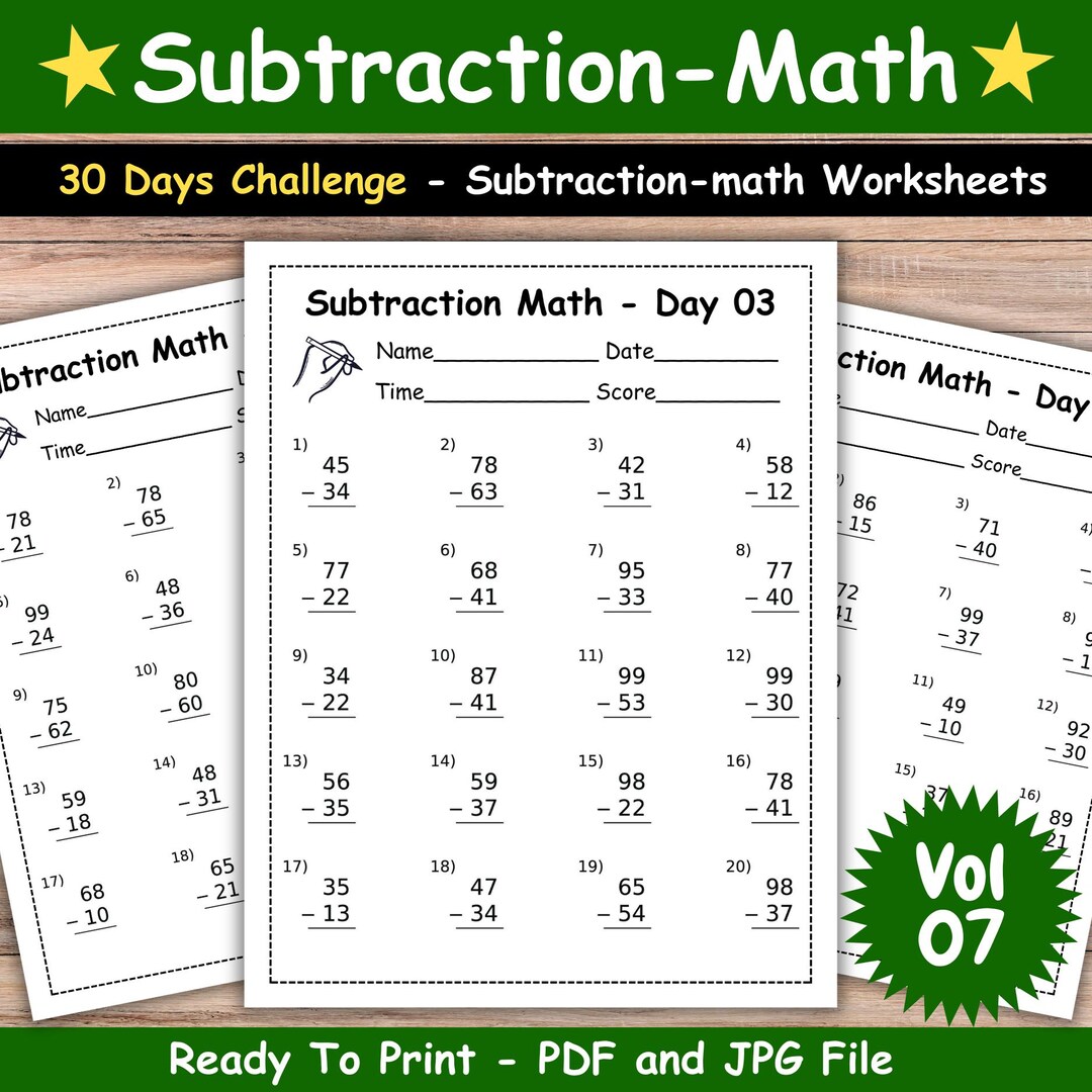 Subtraction Math Worksheets for Kids 30-day Math Fact Fluency Challenge ...
