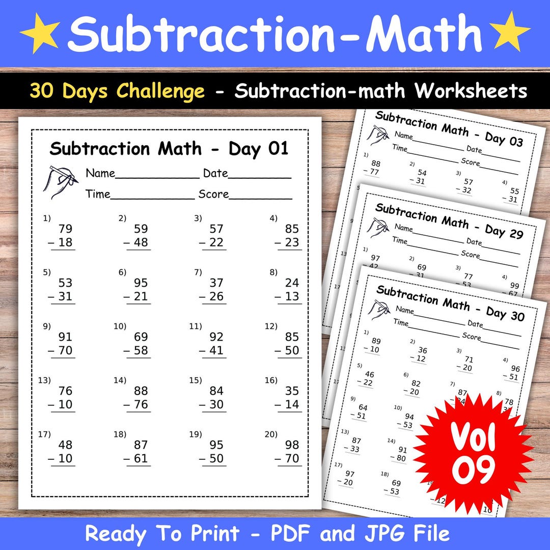 Subtraction Math Worksheets for Kids 30-day Math Fact Fluency Practice ...