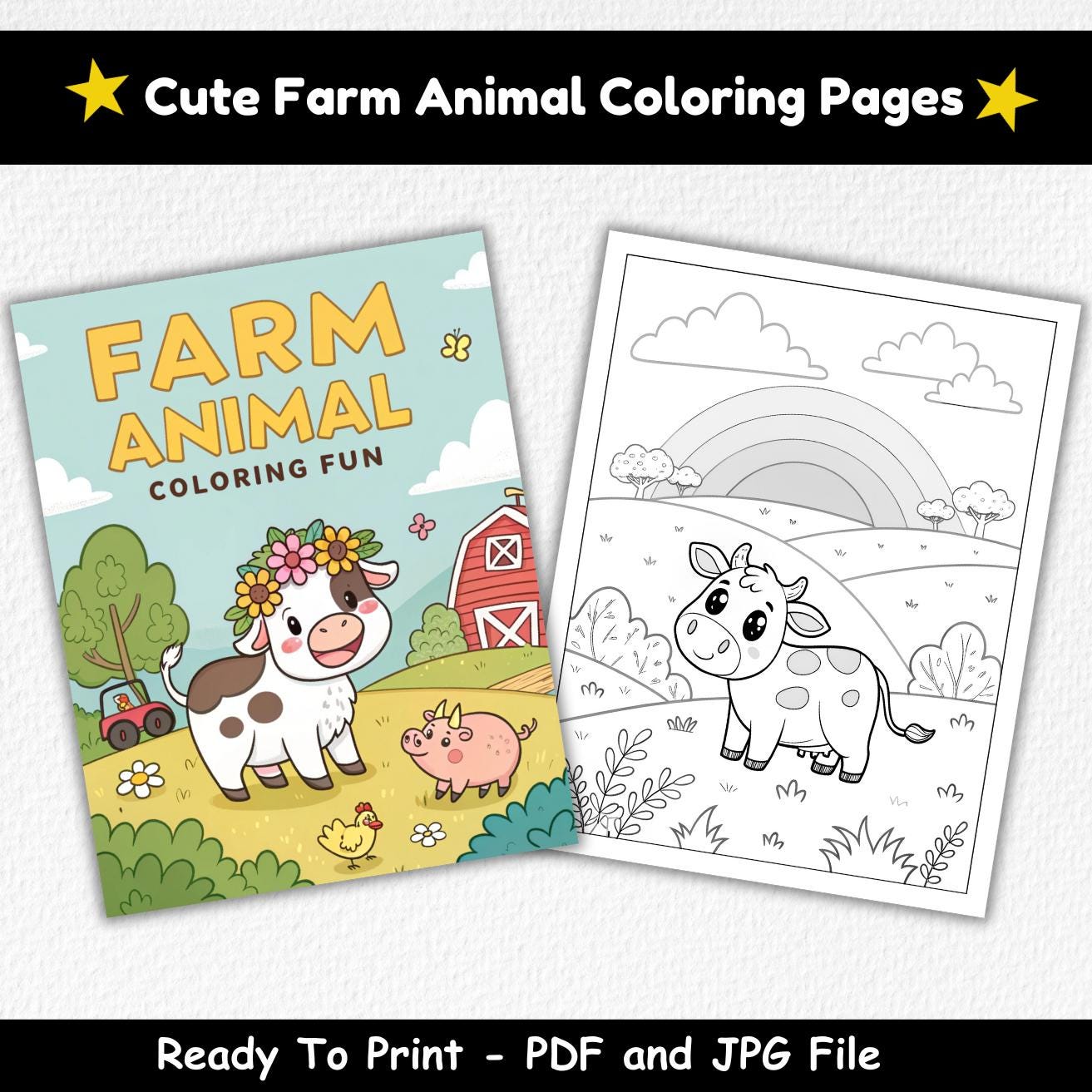 Cute Farm Animal Coloring Pages, Digital Coloring Pages, Coloring Pages ...