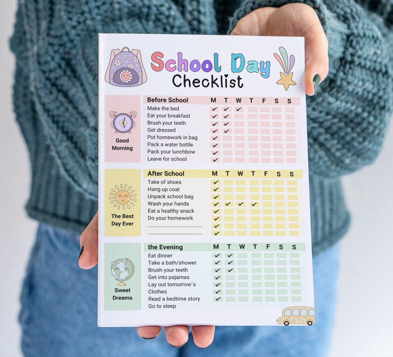 School Day Checklist, Kids School Day Checklist, Daily School Checklist ...