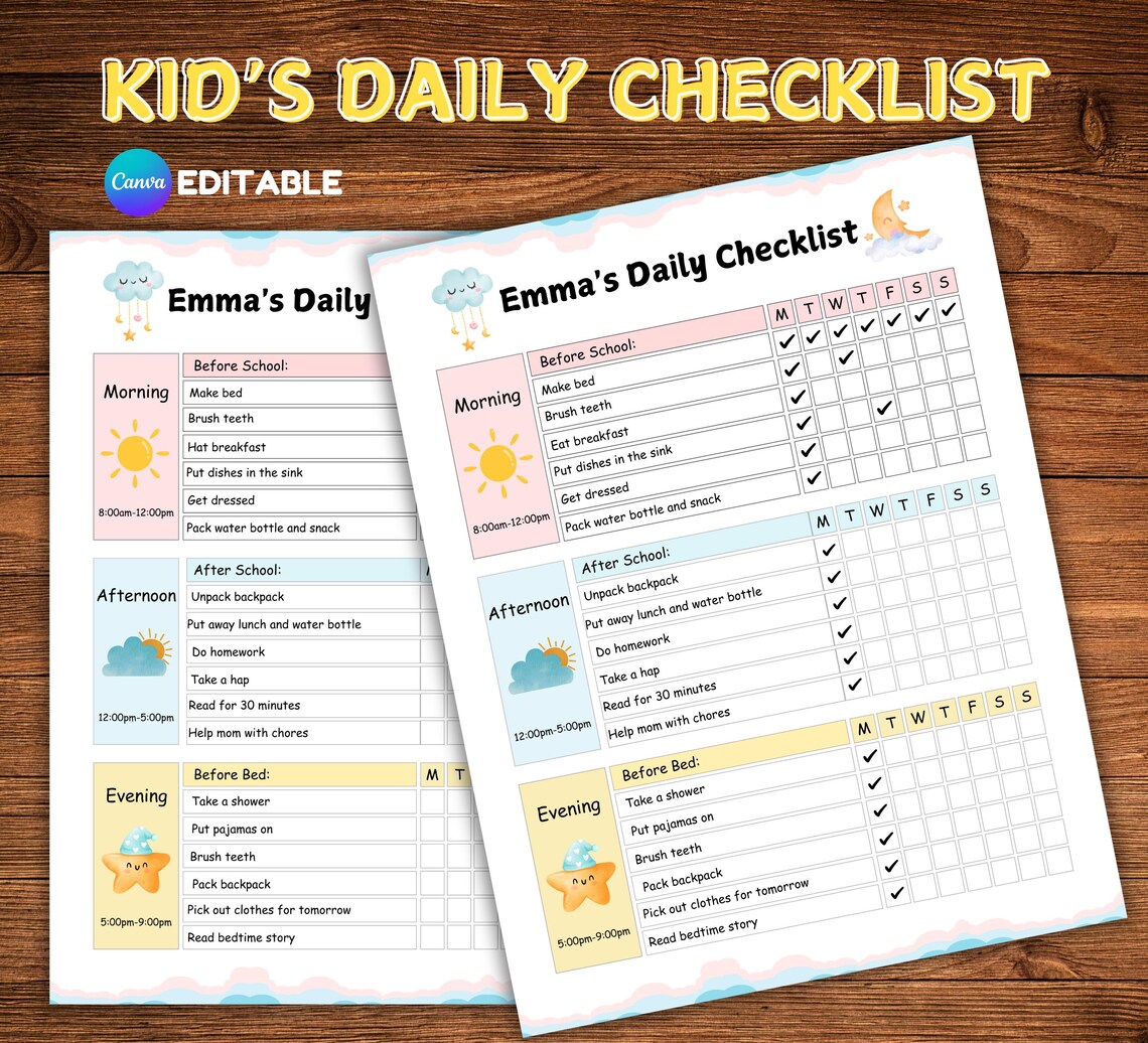 Kids Daily Checklist, Kids Daily Planner, Kids Daily School Checklist ...
