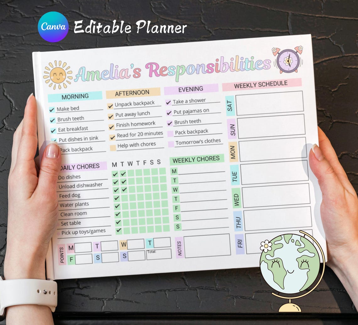 Editable Responsibility Chore Chart for Kids | Printable Planner | Kids ...