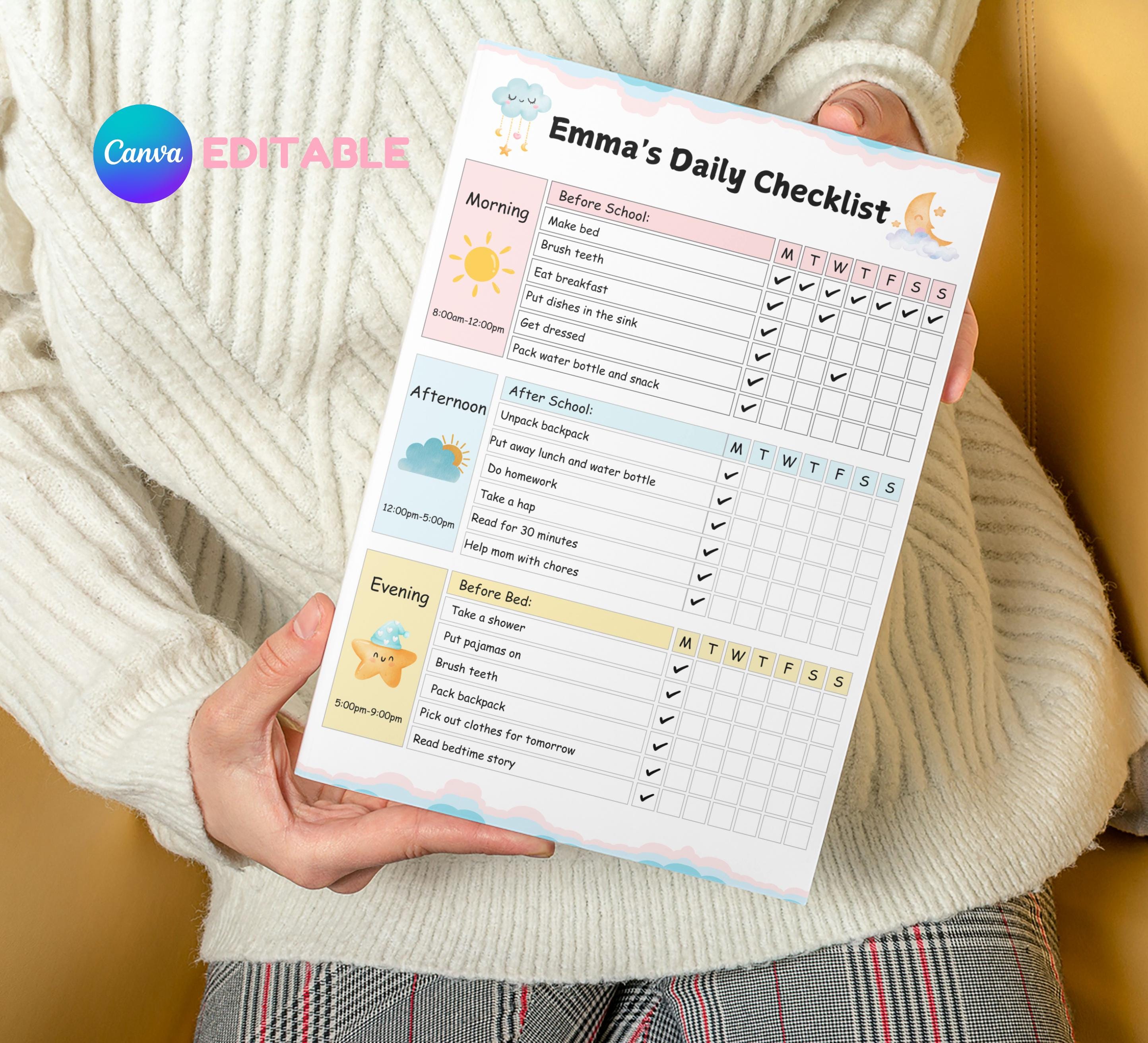 Kids Daily Checklist, Kids Daily Planner, Kids Daily School Checklist ...