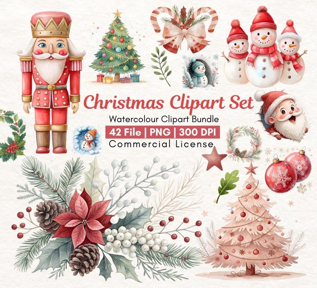 Christmas Watercolor Clipart Bundle, 42 Festive Pngs for Holiday Cards ...