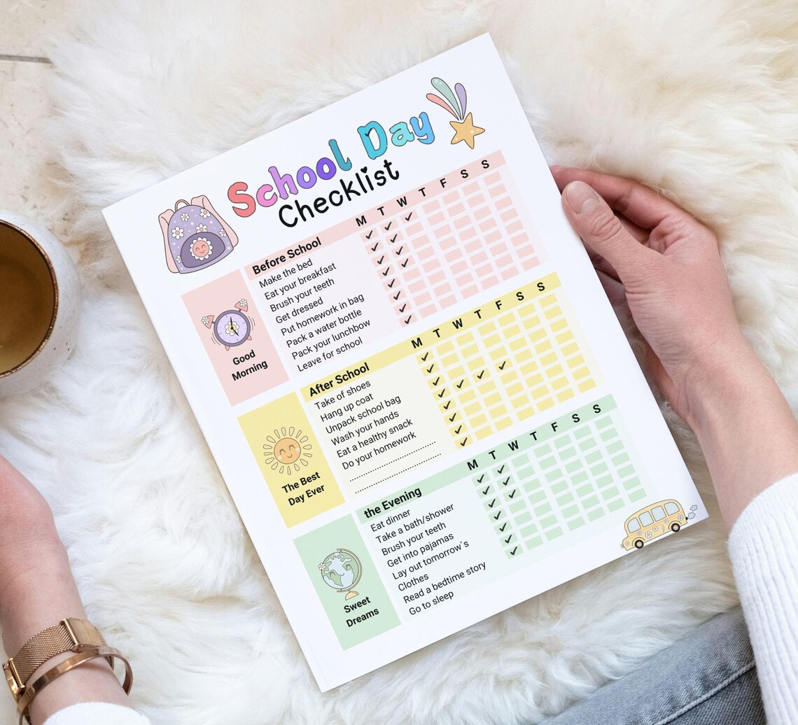 School Day Checklist, Kids School Day Checklist, Daily School Checklist ...