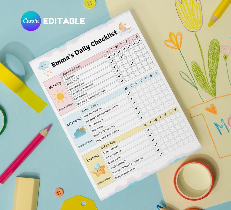 Kids Daily Checklist, Kids Daily Planner, Kids Daily School Checklist ...