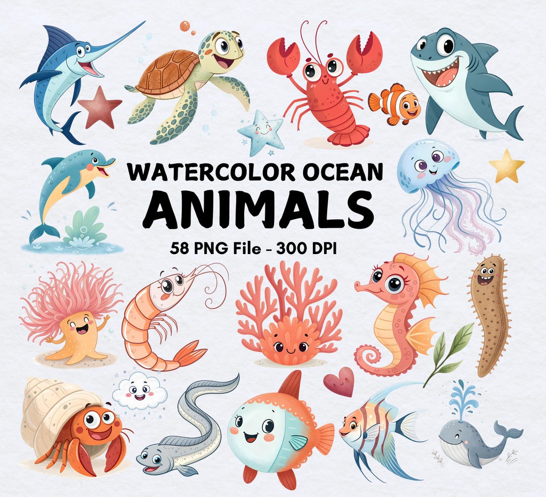 Ocean Animal Clipart, Cute Sea Animals Clipart, Baby Wall Art ...