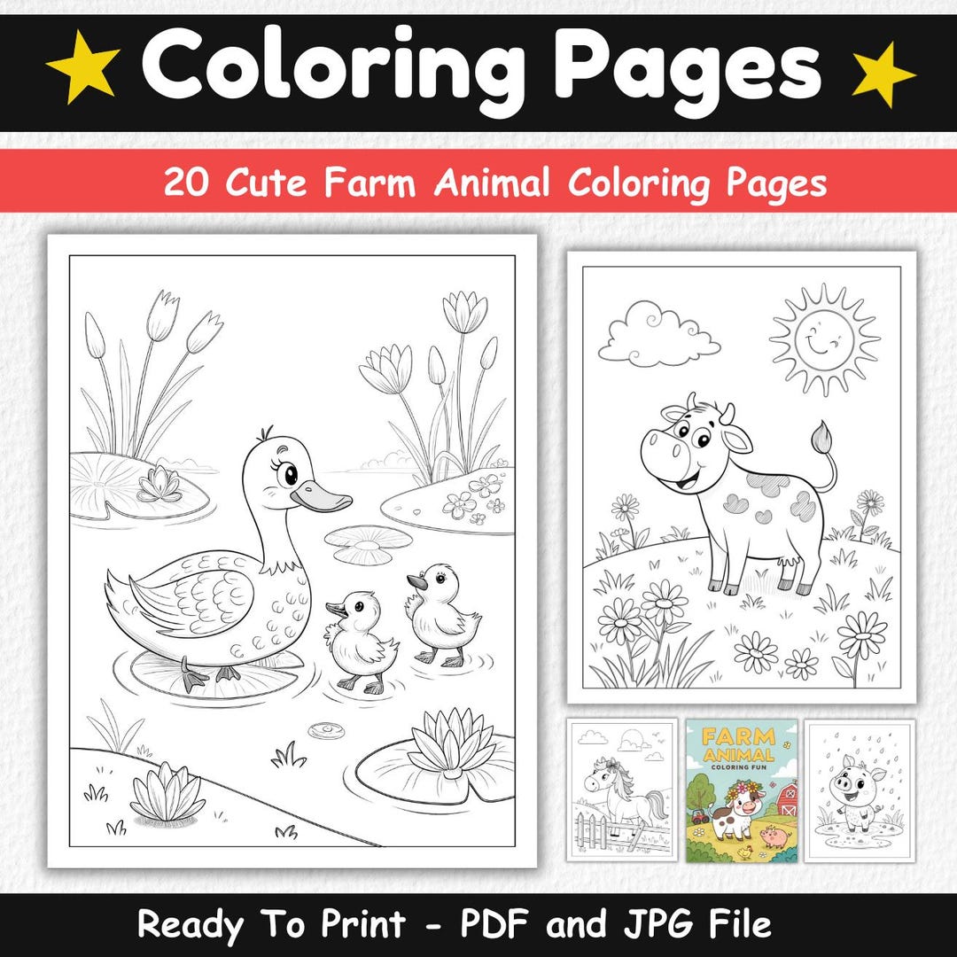 Cute Farm Animal Coloring Pages, Digital Coloring Pages, Coloring Pages ...
