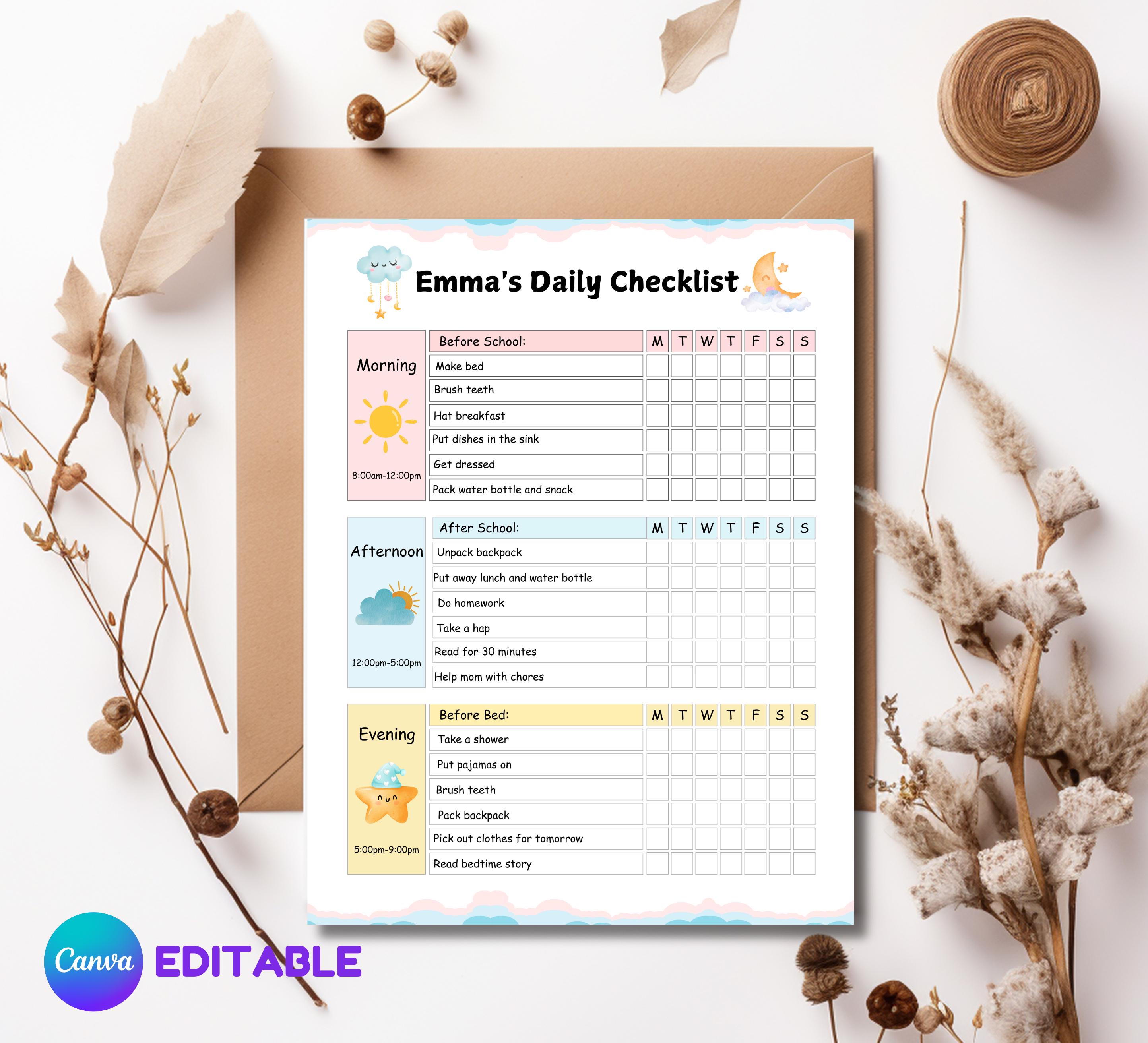 Kids Daily Checklist, Kids Daily Planner, Kids Daily School Checklist ...