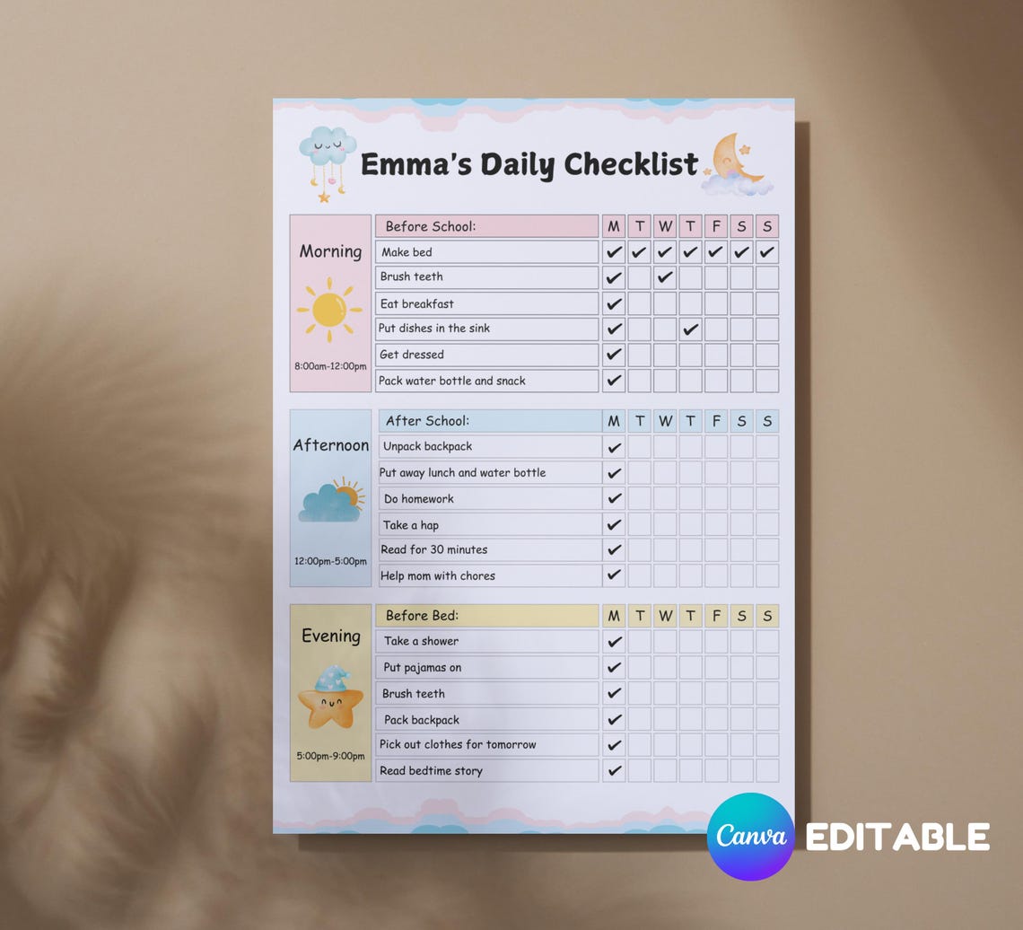 Kids Daily Checklist, Kids Daily Planner, Kids Daily School Checklist ...