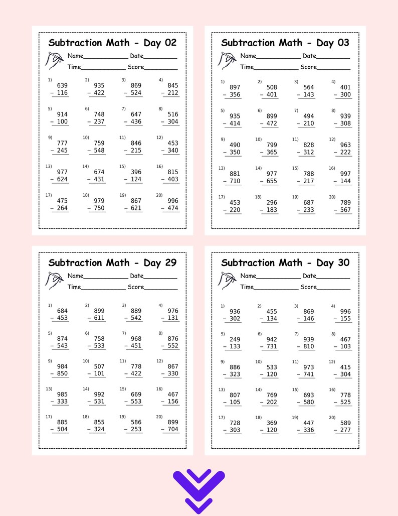 Subtraction Worksheets for Kids | Math Fact Fluency Practice | 3-digit ...
