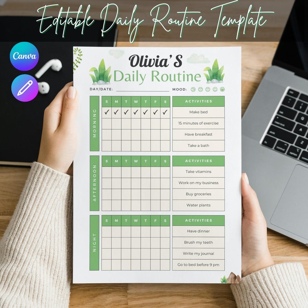 Daily Schedule Template Editable, Canva Editable Daily Routine Template ...