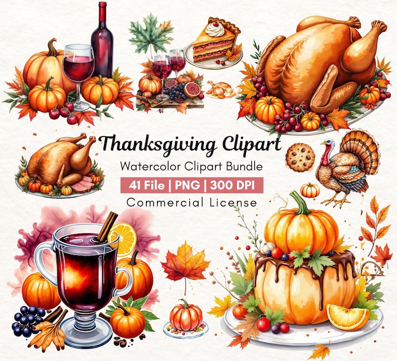 Thanksgiving Clipart Set Cozy Thanksgiving Table & Harvest Clipart ...