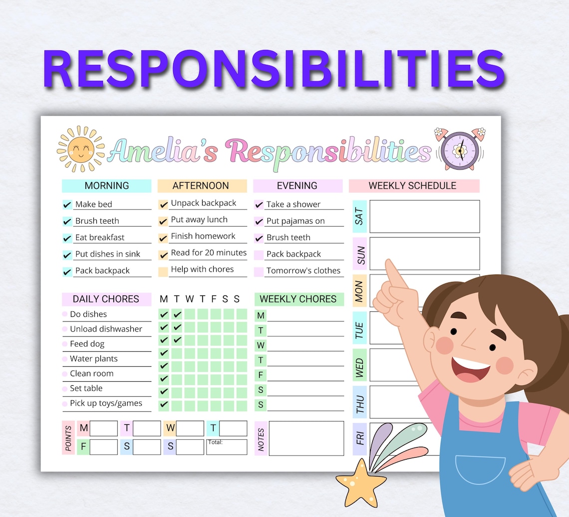 Editable Responsibility Chore Chart for Kids | Printable Planner | Kids ...