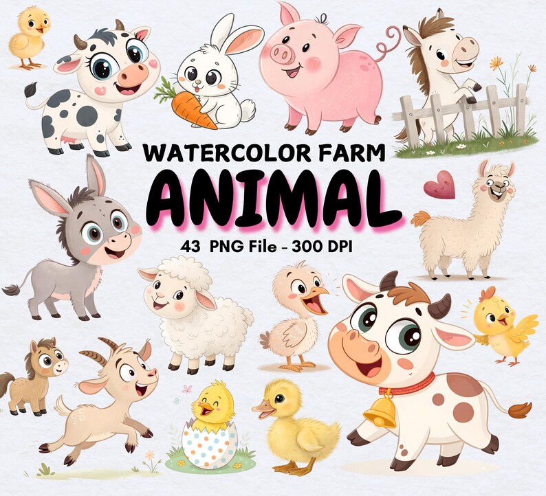 Cute Farm Animal Clipart, Watercolor Farm Animal Clip Art, Cottage Farm ...