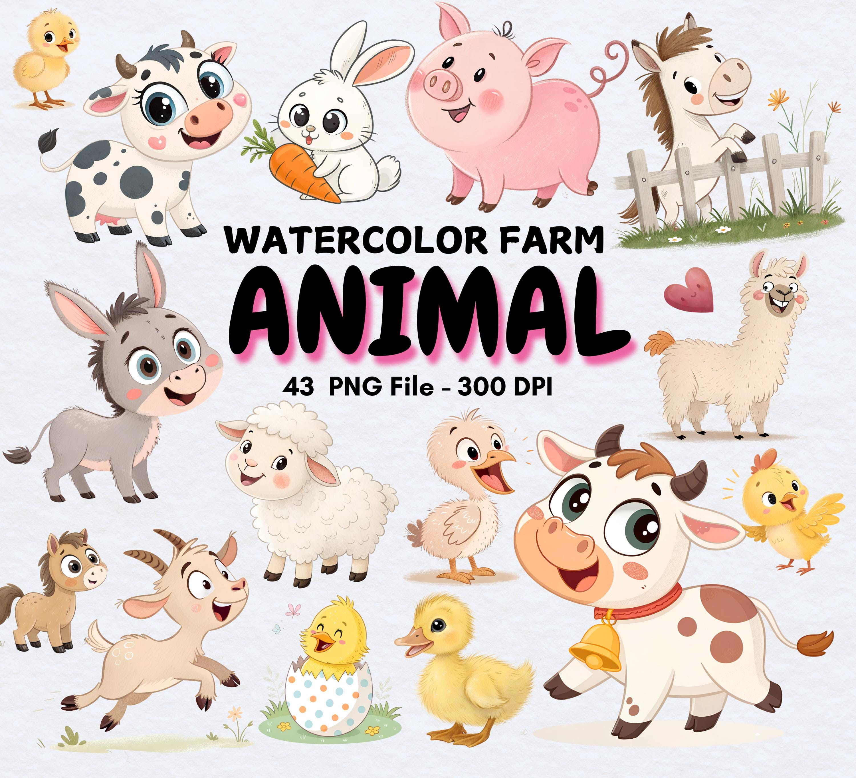 Cute Farm Animal Clipart, Watercolor Farm Animal Clip Art, Cottage Farm ...