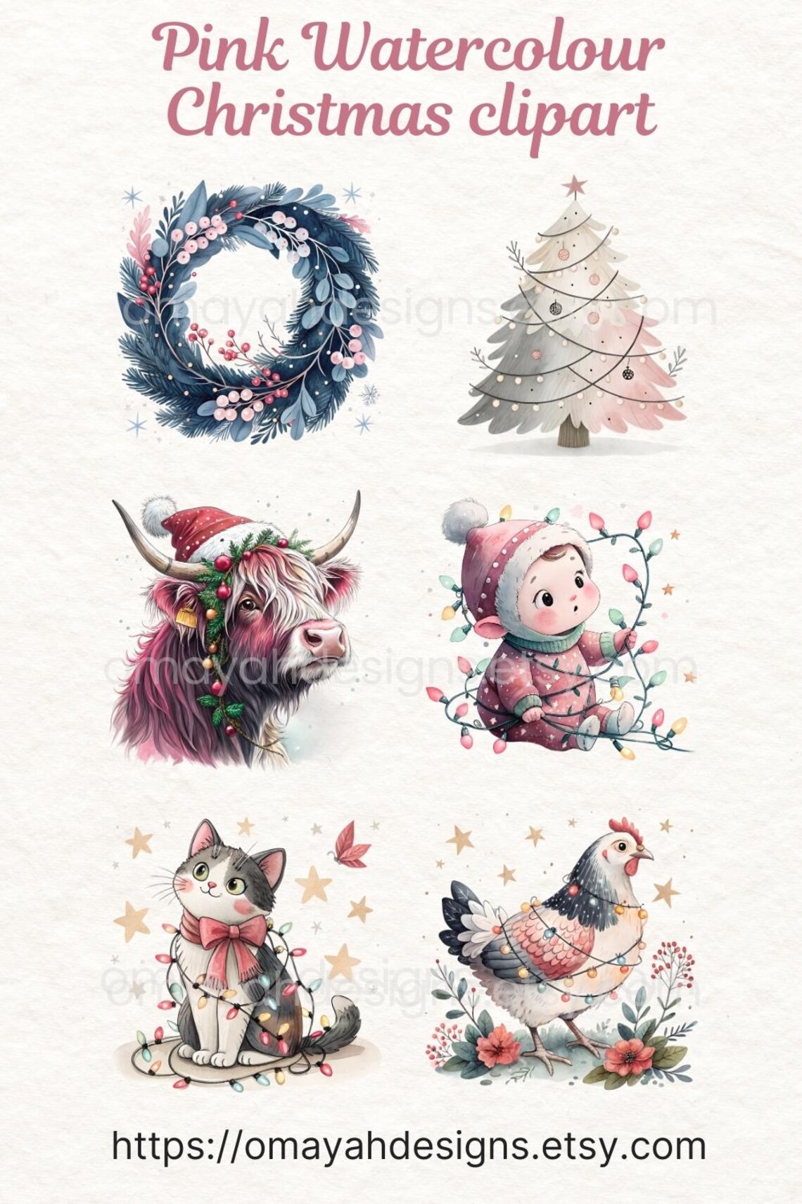 Pink Christmas Clipart Bundle | Pink Watercolor Christmas Clipart Pack ...