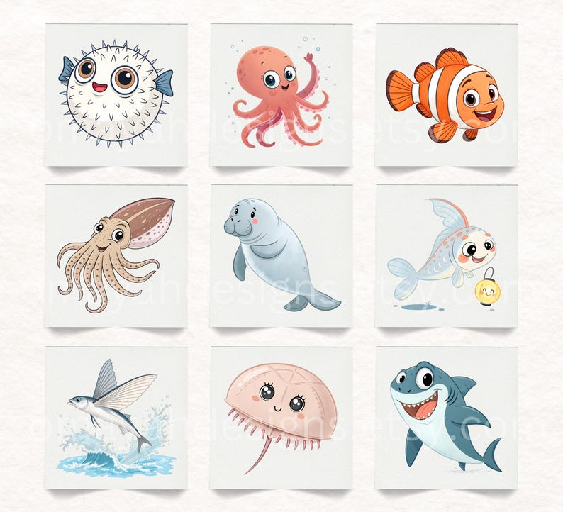 Ocean Animal Clipart, Cute Sea Animals Clipart, Baby Wall Art ...