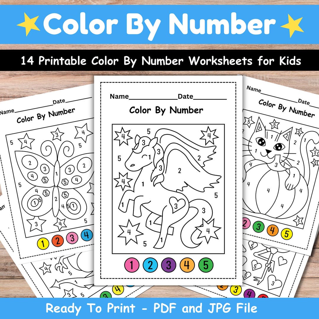 Animal Color by Number Worksheets for Kids | 14-page Preschool Animal ...