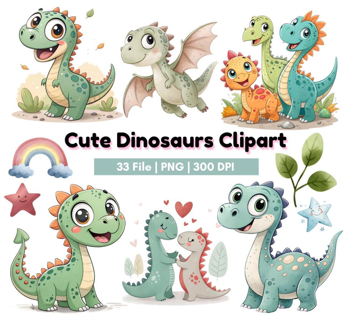 Cute Dinosaurs Clipart Set | Watercolor Baby Dino Pngs | Adorable ...