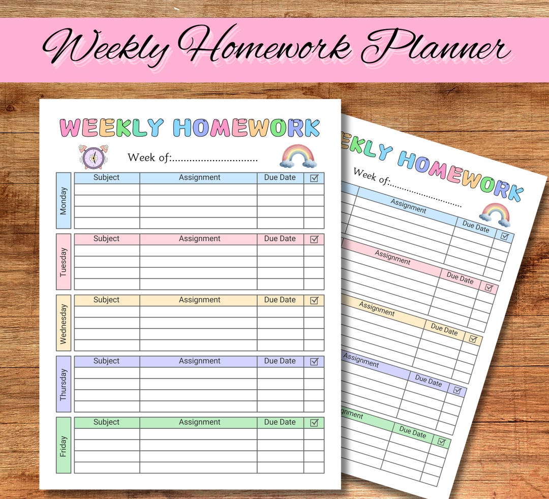 Printable Homework Planner, Homework Checklist, Printable Weekly and ...
