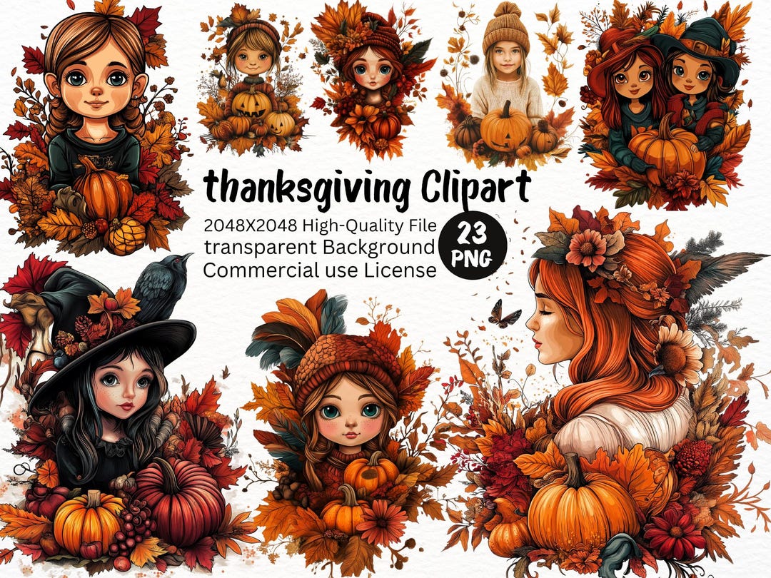 Thanksgiving Clipart Set PNG Cute Girls & Pumpkin Flower Designs Fall ...