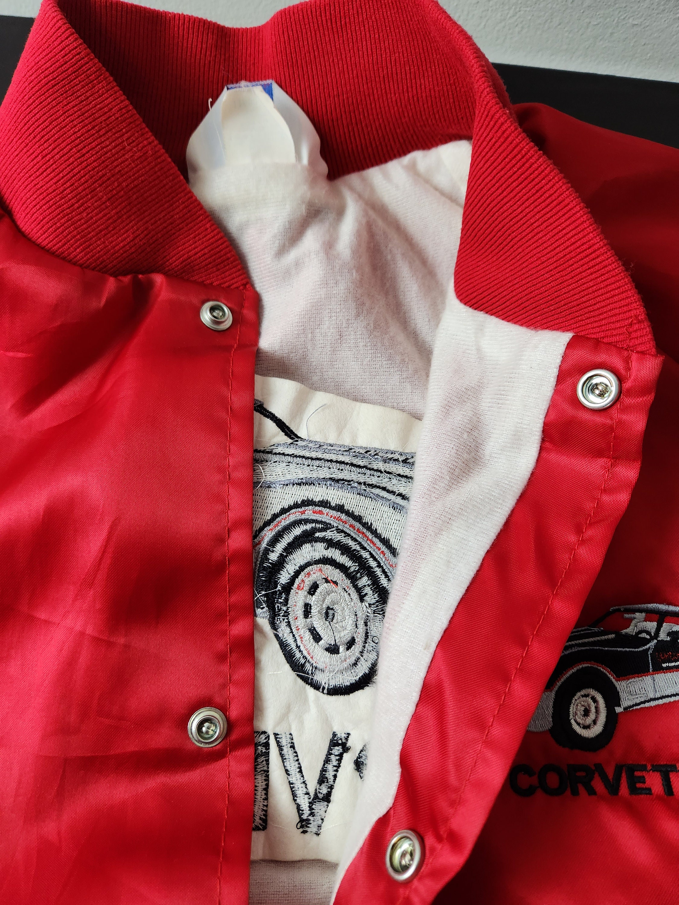 Vintage Corvette Satin Jacket, L Red 80s Lightweight Bomber Racing ...