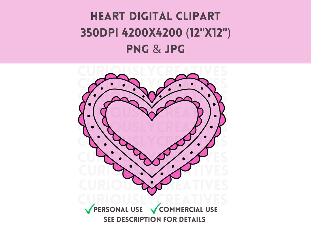 Heart Clipart, Pink Heart Drawing, Pretty Heart Image, Digital PNG JPG ...