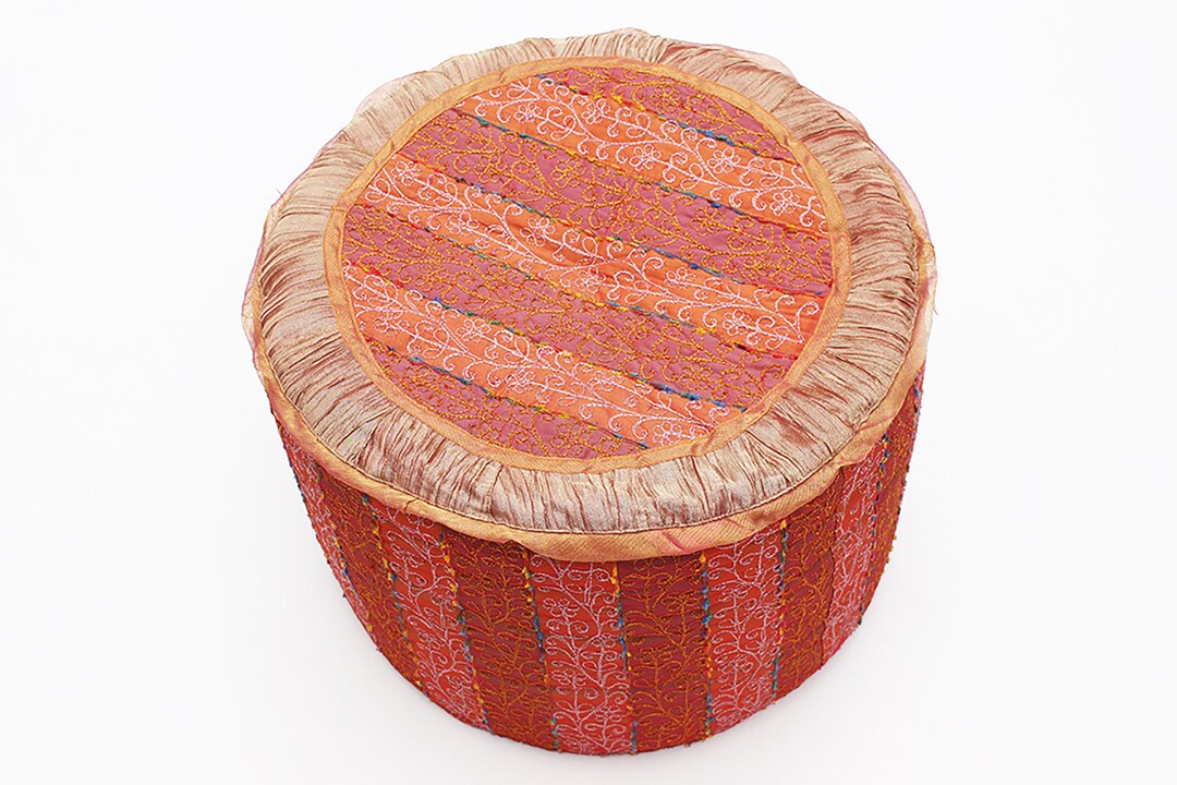 Multi Colored Round Pouffe Cotton Hand Block Printed Linear Geometric ...