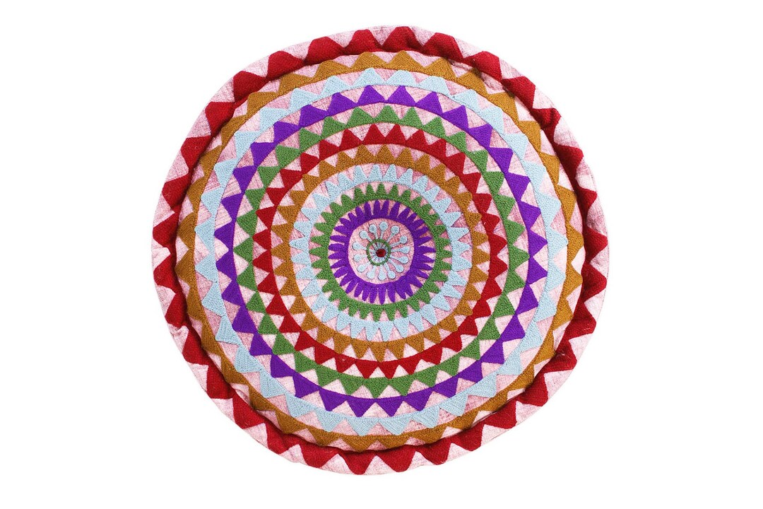 Multi Colored Round Pouffe Cotton Hand Block Printed Linear Geometric ...