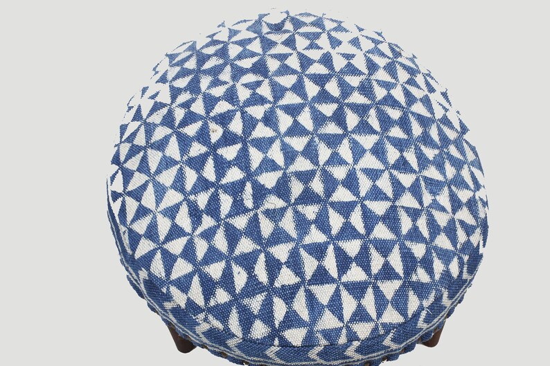 Blue & White Round Pouffe Cotton Hand Block Printed Linear Geometric Pattern Seating Ottoman ...