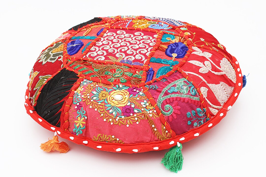 Multi Colored Round Pouffe Cotton Hand Block Printed Linear Geometric ...