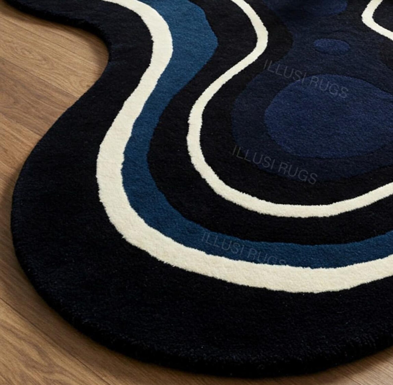 Modern Navy Blue and Black Oval Rug – 4x8 Ft Geometric Pattern, Organic ...