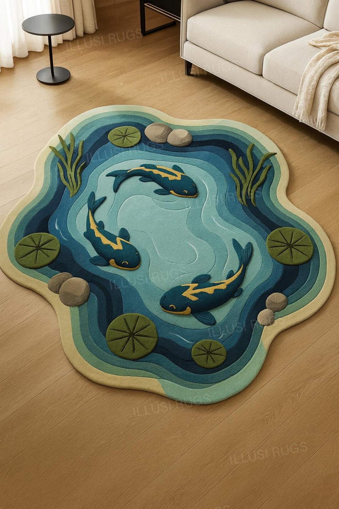 6x6ft,7x7ft Hand-tufted Koi Pond Rug • 3D Carp Fish Design • Premium ...