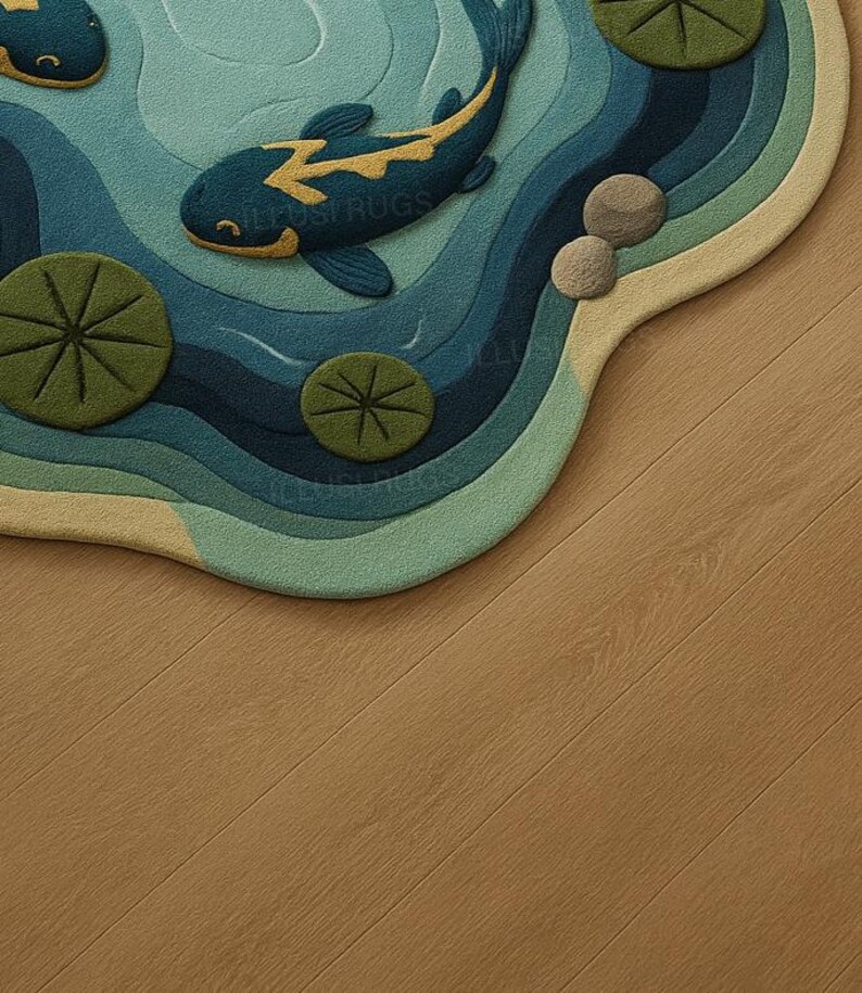 6x6ft,7x7ft Hand-tufted Koi Pond Rug • 3D Carp Fish Design • Premium ...