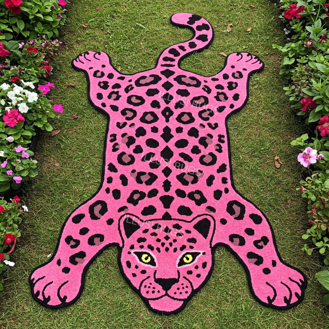 Handmade Pink Leopard Rug – Bold Forest Cat Shaped Carpet | 5ft X 8ft ...