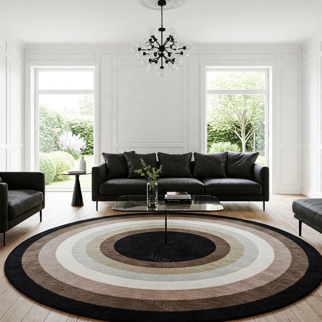 Modern Round Area Rug 8x8 - Bold Concentric Circle Design in Neutral ...