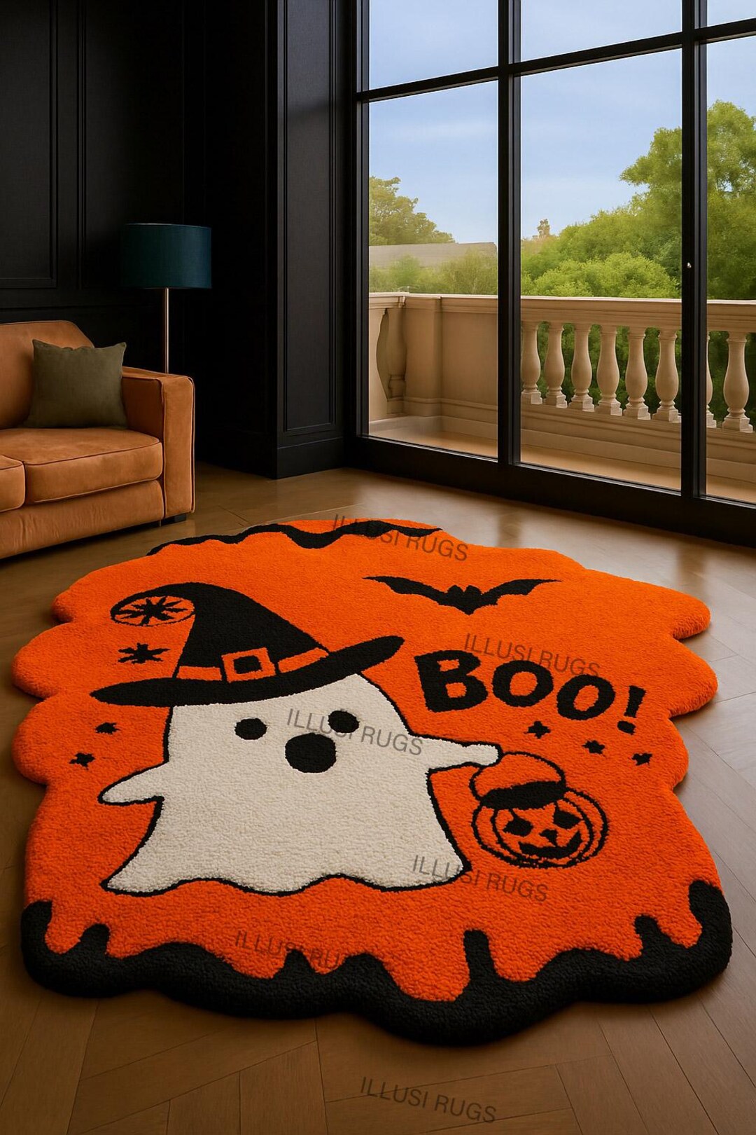5x8halloween Ghost Rug Cute Spooky Boo Carpet With Witch Hat & Pumpkin ...