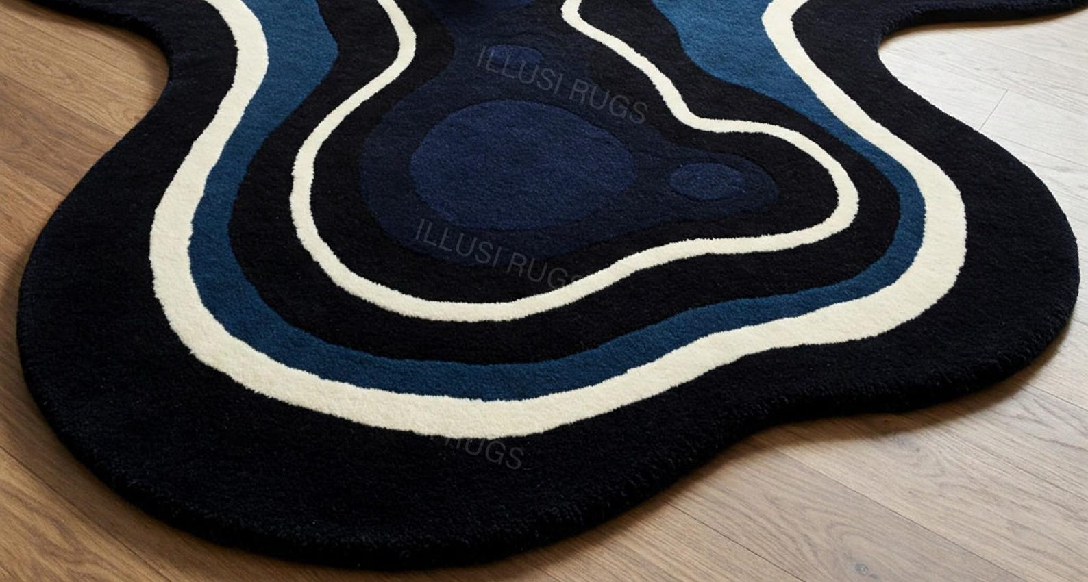 Modern Navy Blue and Black Oval Rug – 4x8 Ft Geometric Pattern, Organic ...