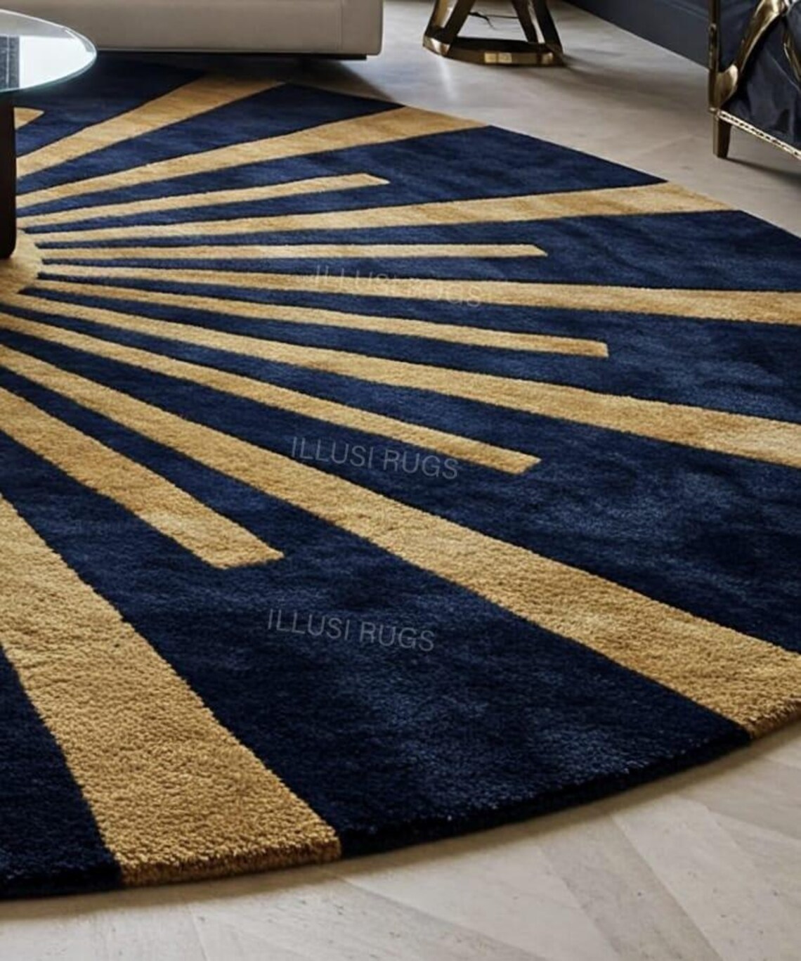 7x7ft Luxury Navy Gold Sunburst Round Rug - Art Deco Style Area Rug ...