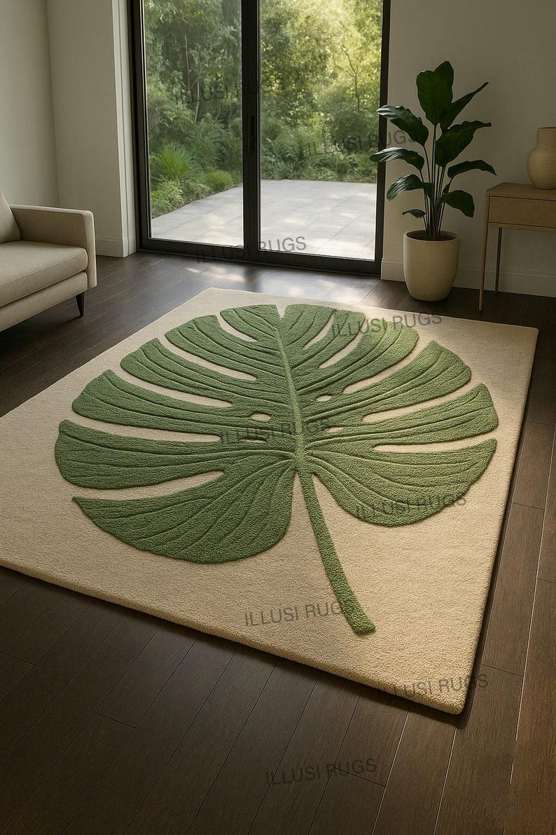 Modern Green Leaf Design Area Rug | Nature Inspired Botanical Carpet ...