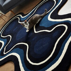 Modern Navy Blue and Black Oval Rug – 4x8 Ft Geometric Pattern, Organic ...