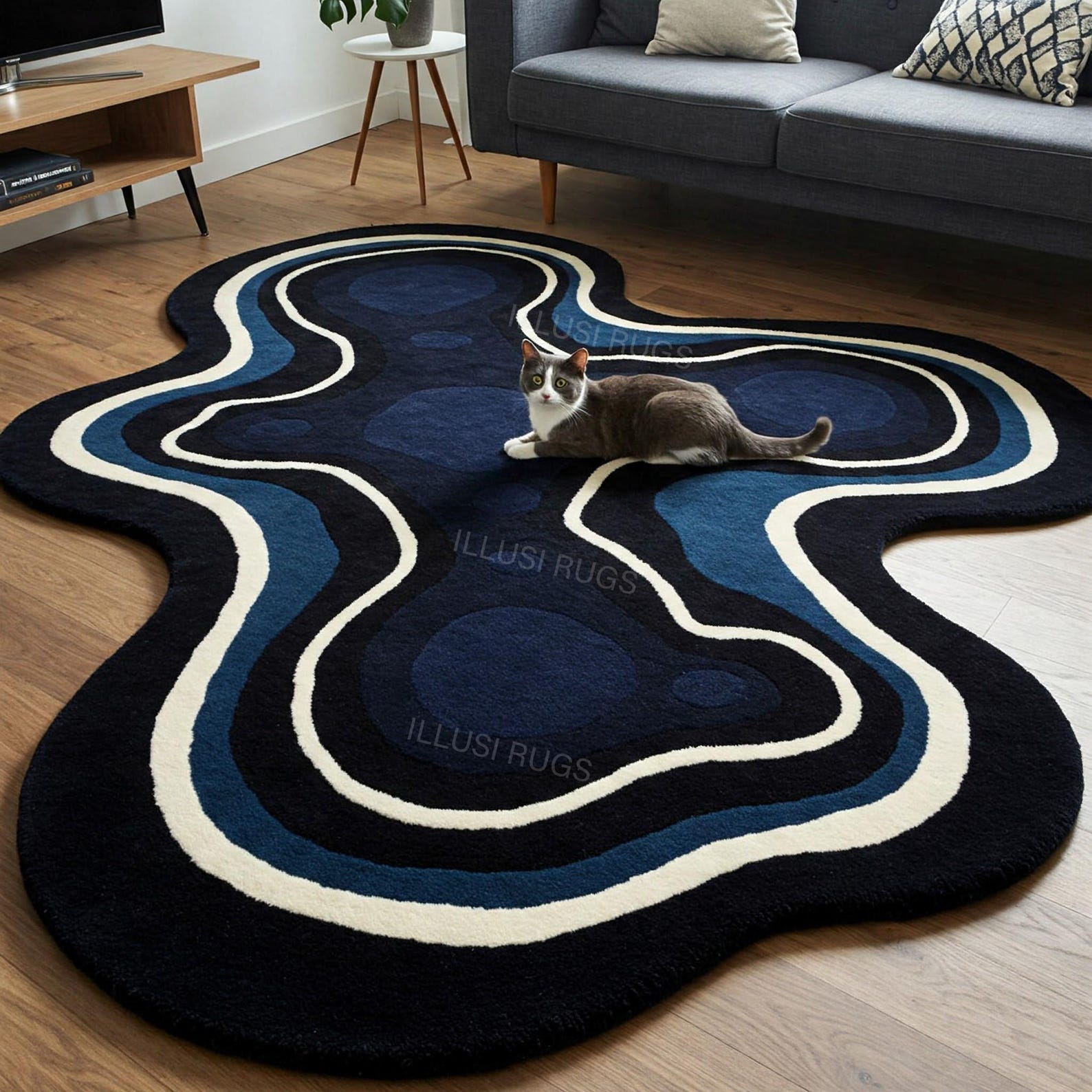 Modern Navy Blue and Black Oval Rug – 4x8 Ft Geometric Pattern, Organic ...