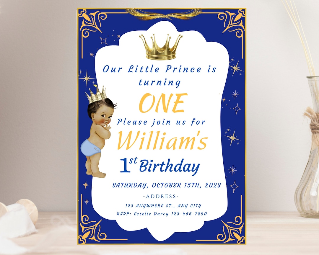 Prince 1st Birthday Invitation Template, Royal Blue Gold Crown Party ...